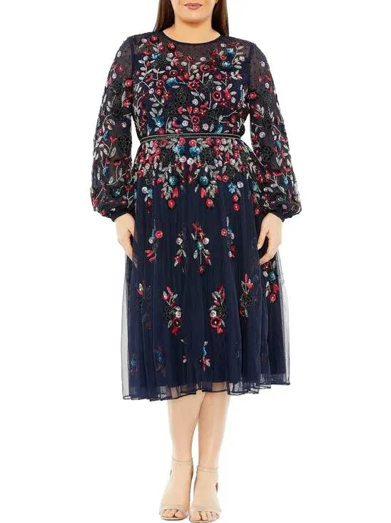 Mac Duggal Long Sleeve Beaded Cocktail Dress - Midnight