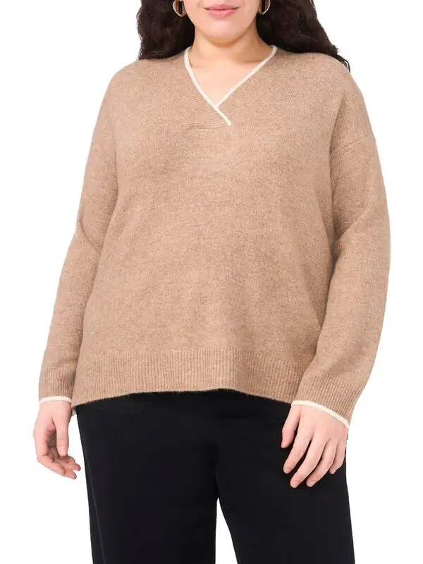 Vince Camuto Tipped Cross V-neck Cozy Sweater - Taupe
