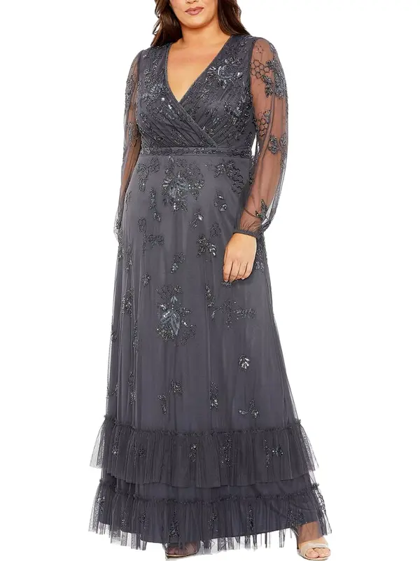 Mac Duggal Puff Sleeve V-neck Tiered Embellished Gown - Charcoal