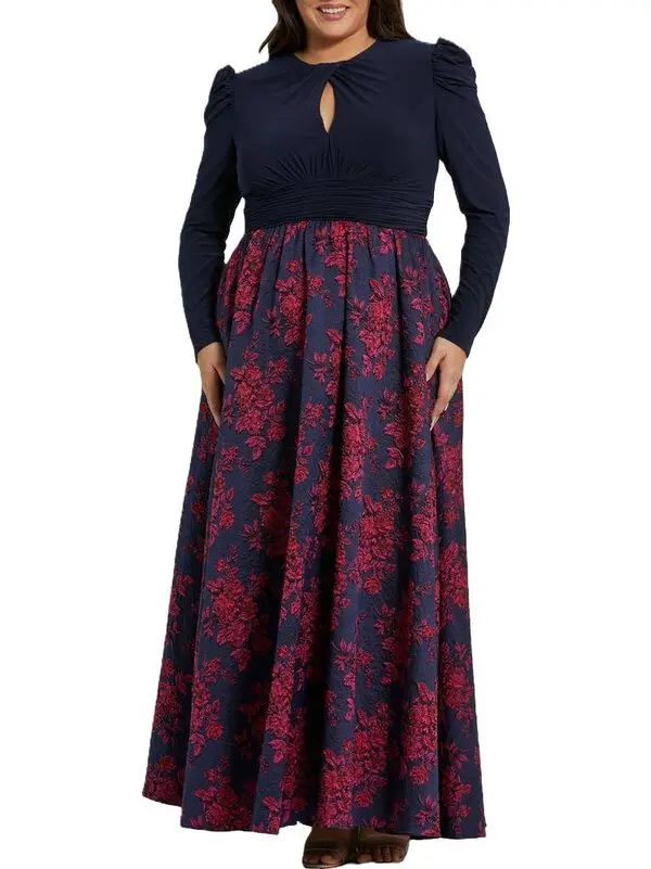Mac Duggal Long Sleeve Floral Bottom Gown - Midnight