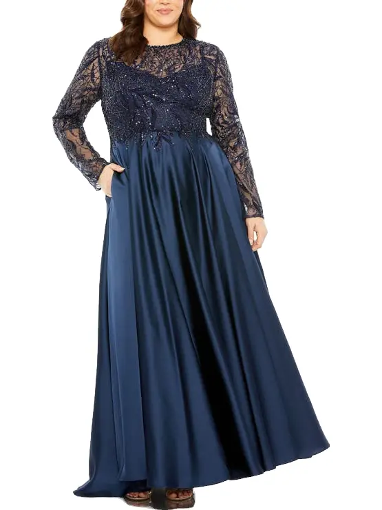 Mac Duggal Sheer Long Sleeve Beaded Top Satin Gown - Midnight