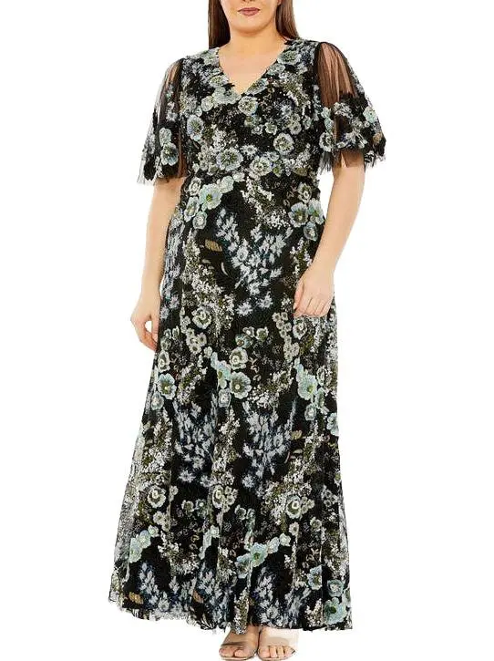 Mac Duggal Sheer Sleeve Floral Embroidered Gown - Black Multi