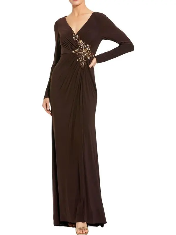 Mac Duggal Appliqué Detail Faux Wrap Gown - Chocolate