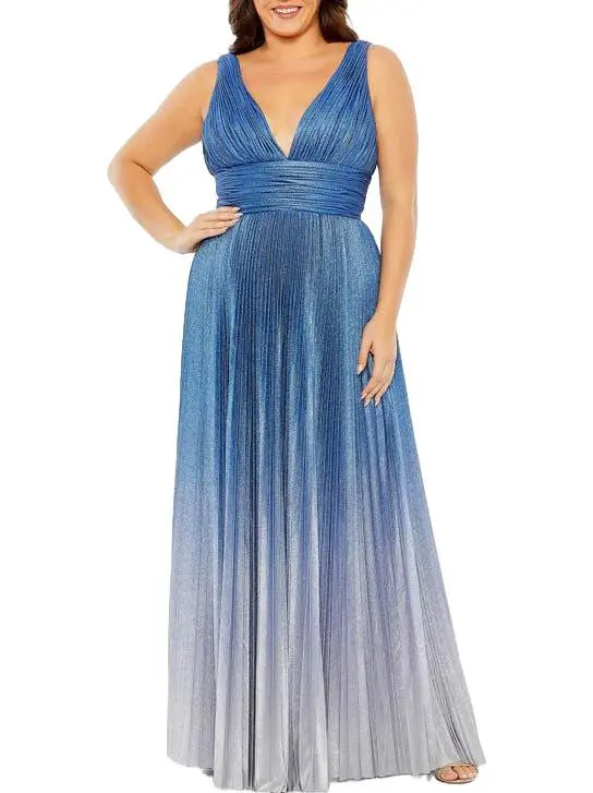 Mac Duggal V-neck Ombre Pleated Gown - Sapphire Ombre