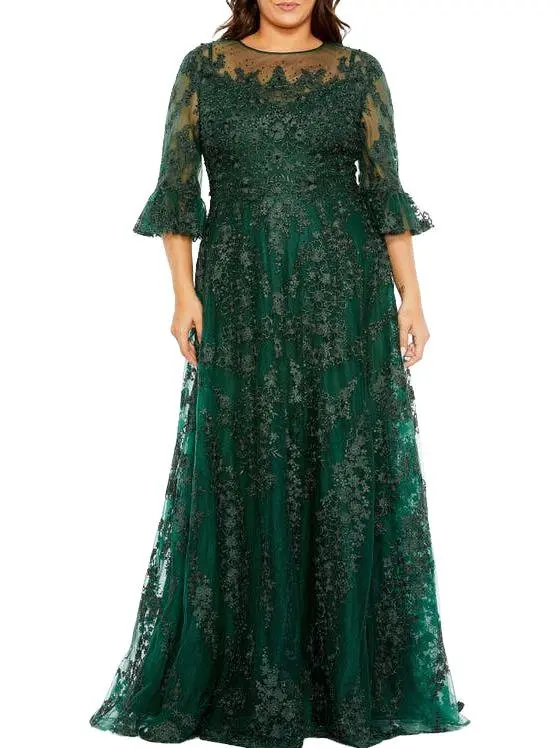 Mac Duggal High Neck A-line Gown With Flutter Sleeves - Emerald
