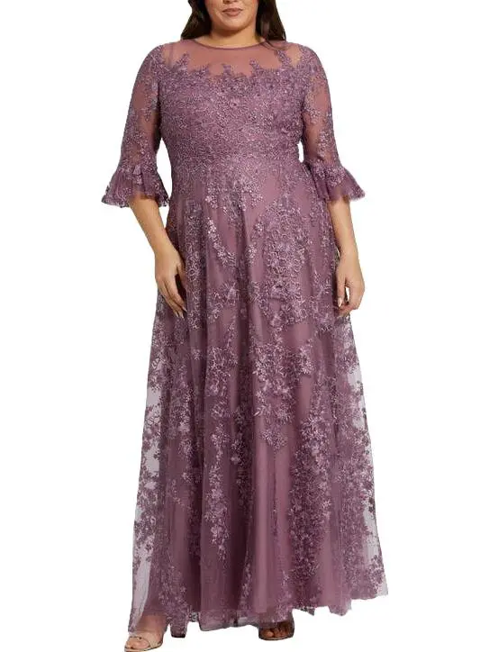 Mac Duggal High Neck A-line Gown With Flutter Sleeves - Vintage Lilac