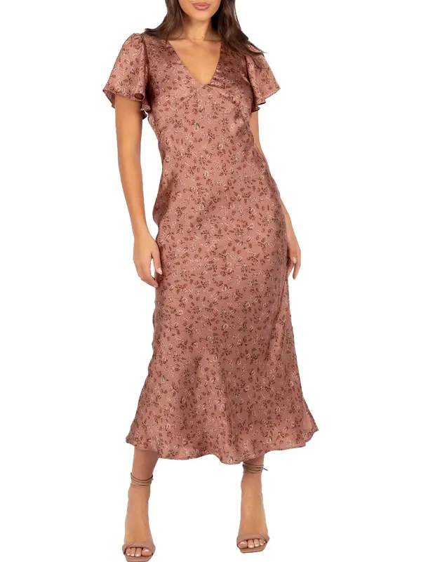 PETAL & PUP Flossy Floral Satin Midi Dress - Mauve