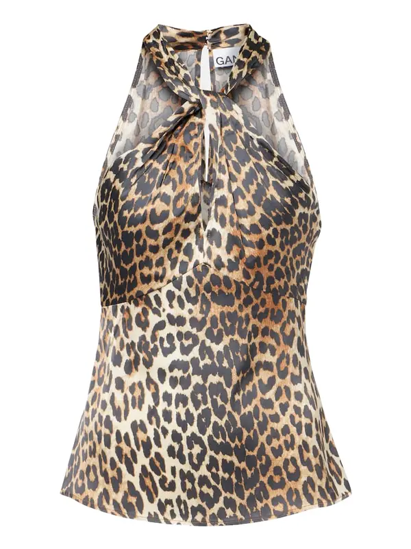 GANNI Leopard-print Halterneck Top - Brown