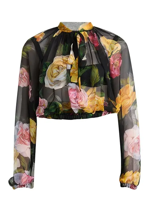 Dolce & Gabbana Rose Print Chiffon Blouse - Black