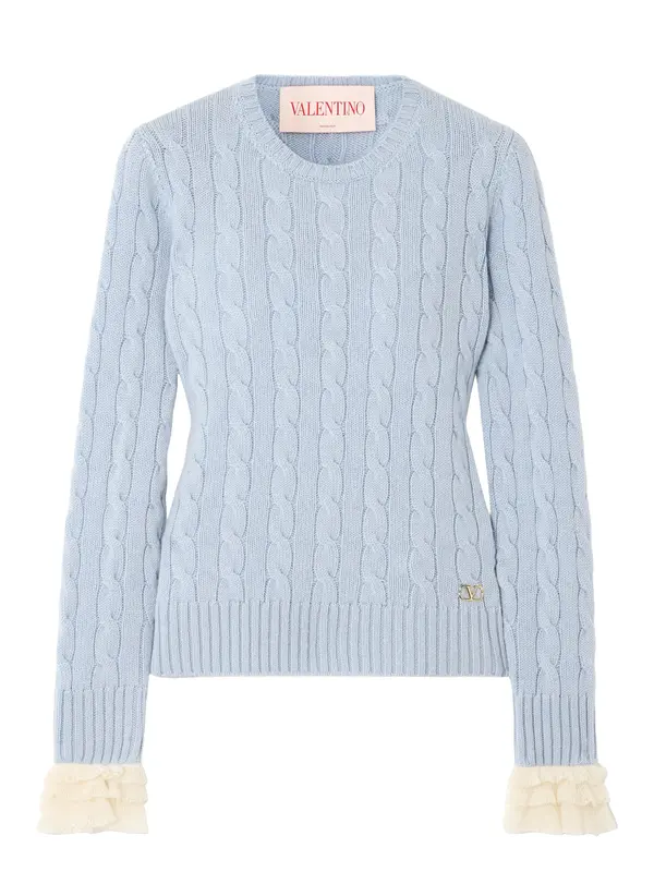 Valentino Garavani Ruffle-trimmed Cable-knit Cashmere Sweater - Purple