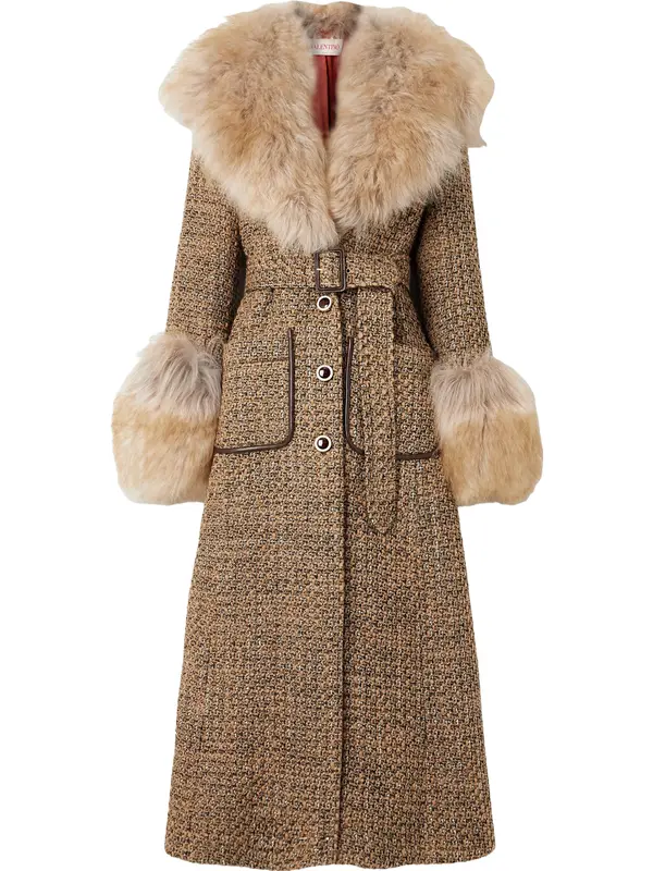 Valentino Garavani Faux Fur-trimmed Belted Wool-blend Tweed Coat - Brown