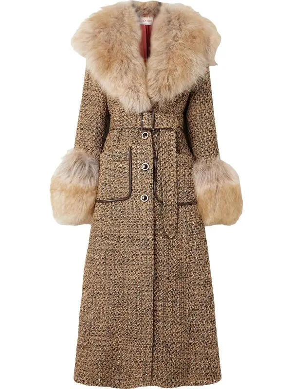 Valentino Garavani Faux Fur-trimmed Belted Wool-blend Tweed Coat - Brown