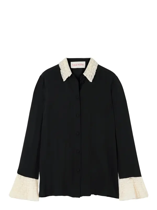 Valentino Garavani Lace-trimmed Silk-georgette Shirt - Black