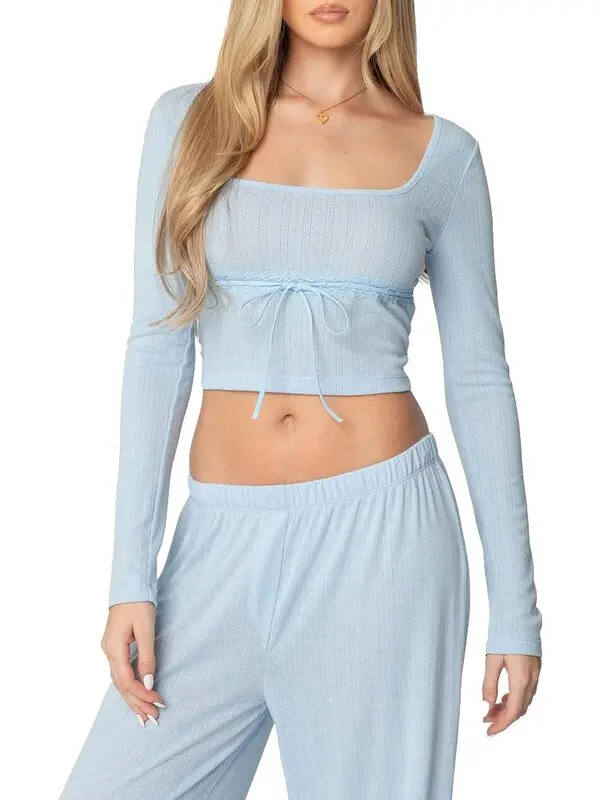 EDIKTED Pointelle Crop Top - Light-blue