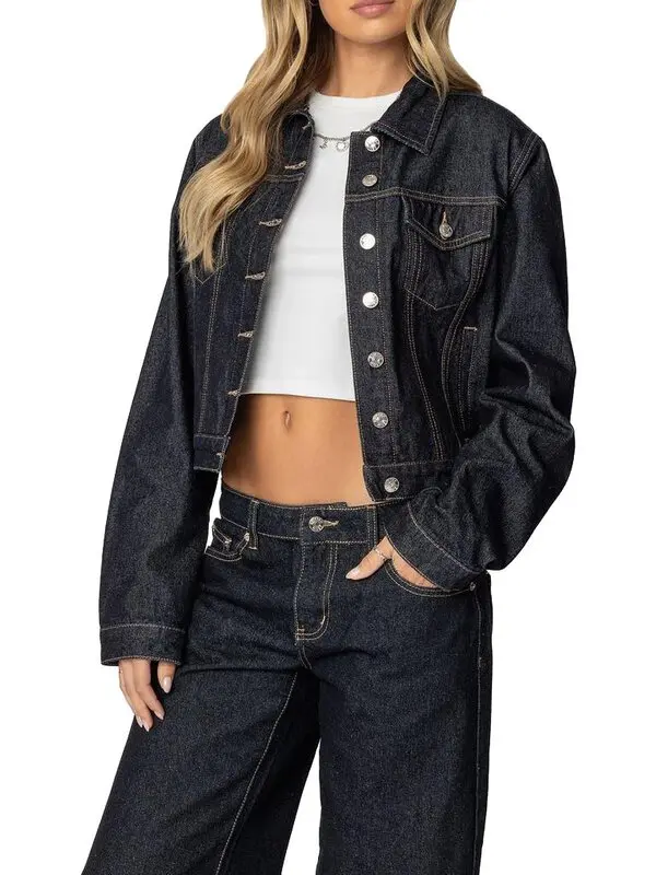 EDIKTED Barb Crop Denim Trucker Jacket - Indigo-blue-raw-wash
