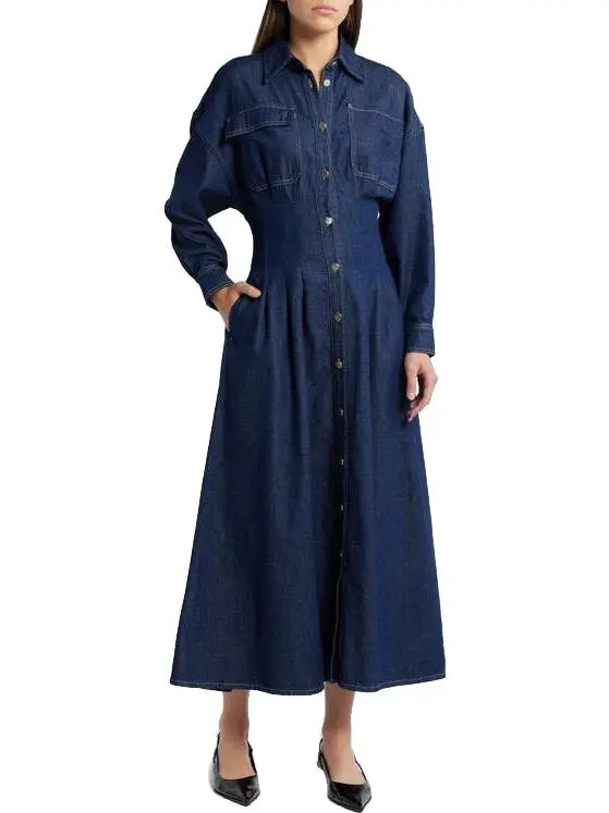 FRAME Nipped Long-sleeve Twill Maxi Dress - Rinse