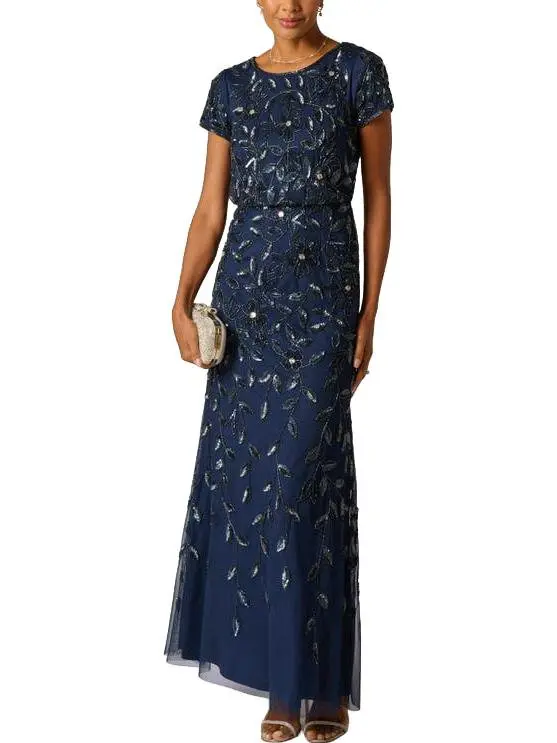 Adrianna Papell Beaded Mesh Gown - Light Navy