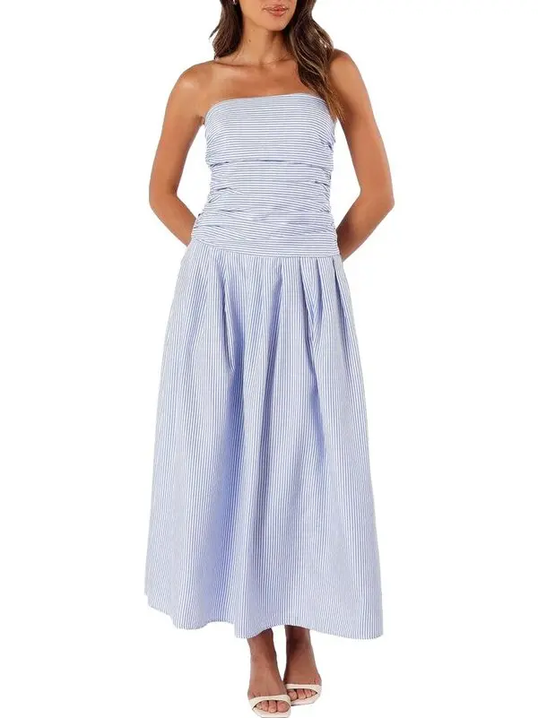 PETAL & PUP Avalee Stripe Strapless Maxi Dress - Blue Stripe