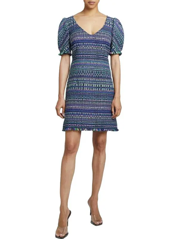 Santorelli Bianca Tweed Shift Dress With Puff Sleeves - Purple Multi