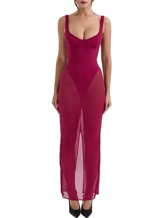 House Of Cb Robina Sheer Mesh Overlay Maxi Cocktail Dress - Beet Red