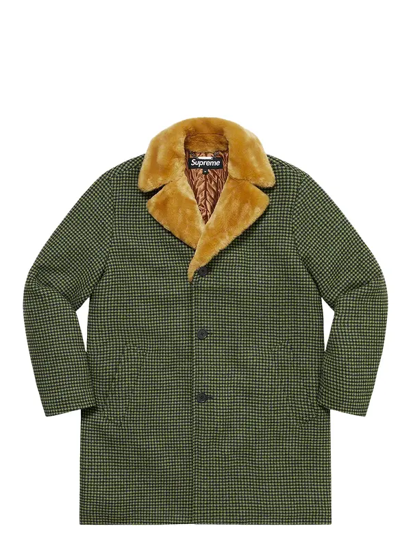 Supreme Houndstooth Car Coat With Fur Collar - Green