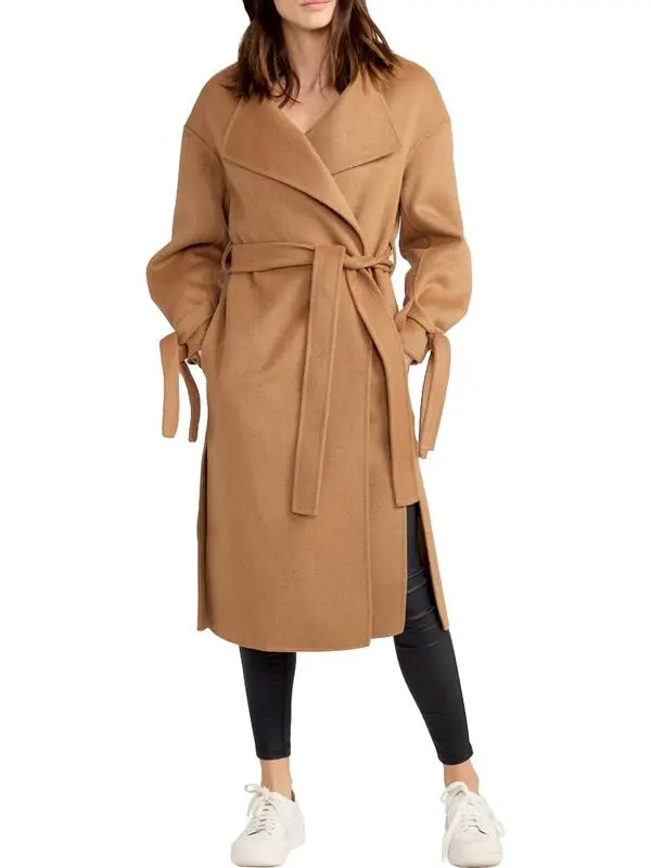BELLE & BLOOM Collarless Belted Wool Blend Coat - Camel