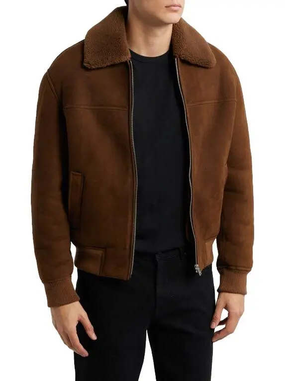 FRAME Suede & Genuine Shearling Bomber Jacket - Dark Camel