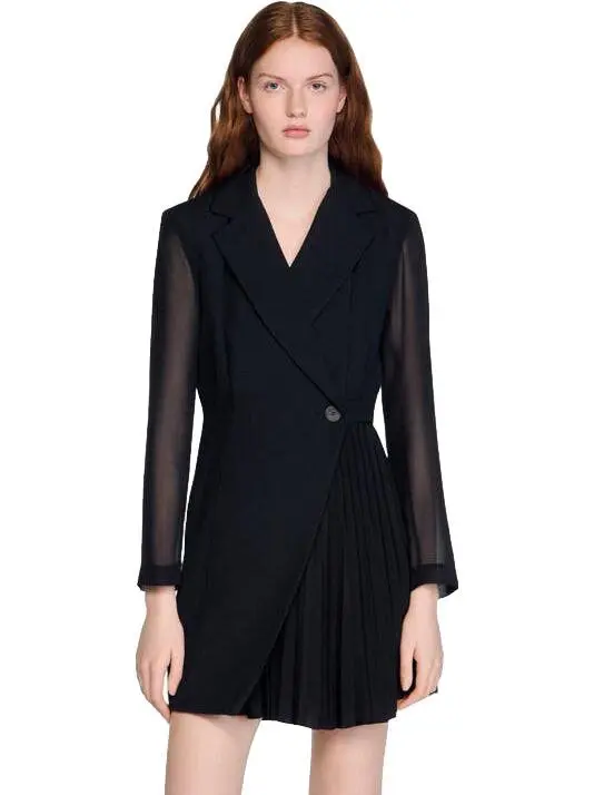 Sandro Tailored Wraparound Dress With Pleated Skirt - Black
