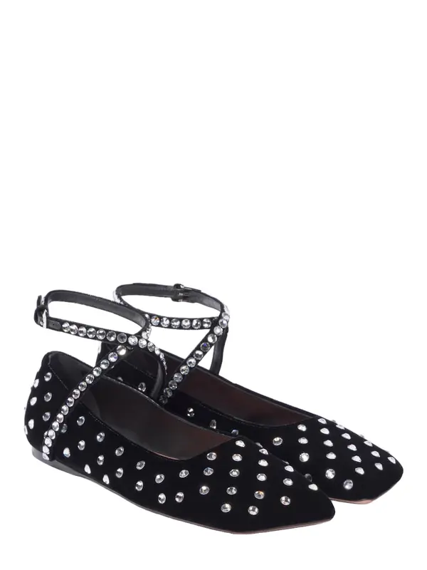 Amina Muaddi Ane Crystal Velvet Ballet Flats - Black