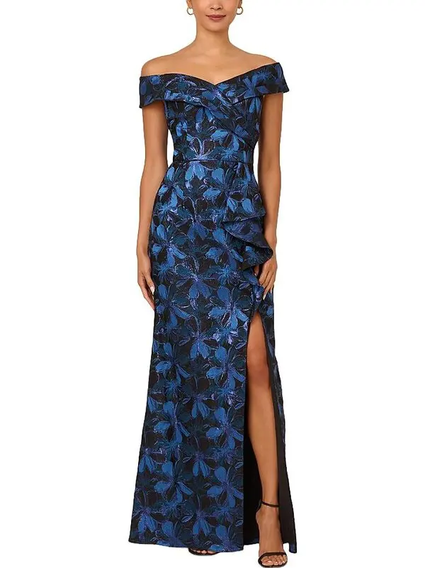 Adrianna Papell Off-the-shoulder Jacquard Gown - Blue Multi