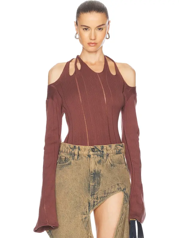 JADE CROPPER Braided Long Sleeve Top - Rust Brown
