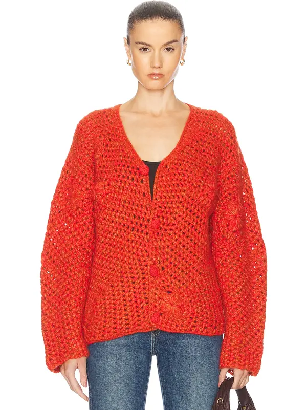 THE ELDER STATESMAN Crochet Boxy Cardigan - Persimmon & Tango