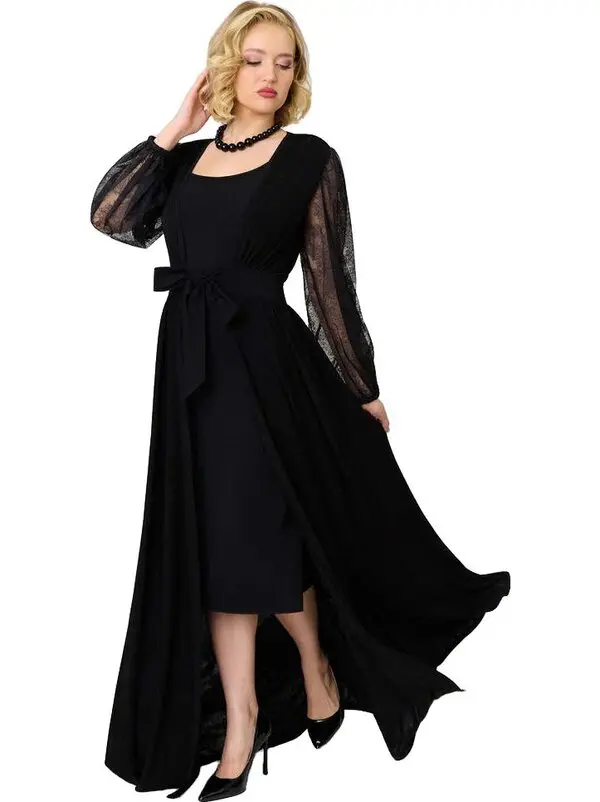 Unique Vintage Billow Long Sleeved Hollywood Duster - Black Solid