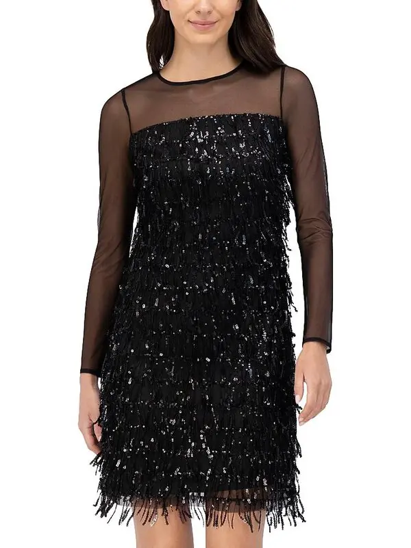 Eliza J Illusion Sequin Fringe Shift Dress - Black
