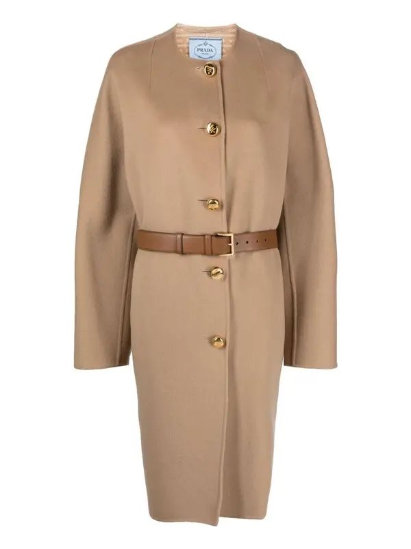 Prada Single-breasted Belted Coat - Neutrals