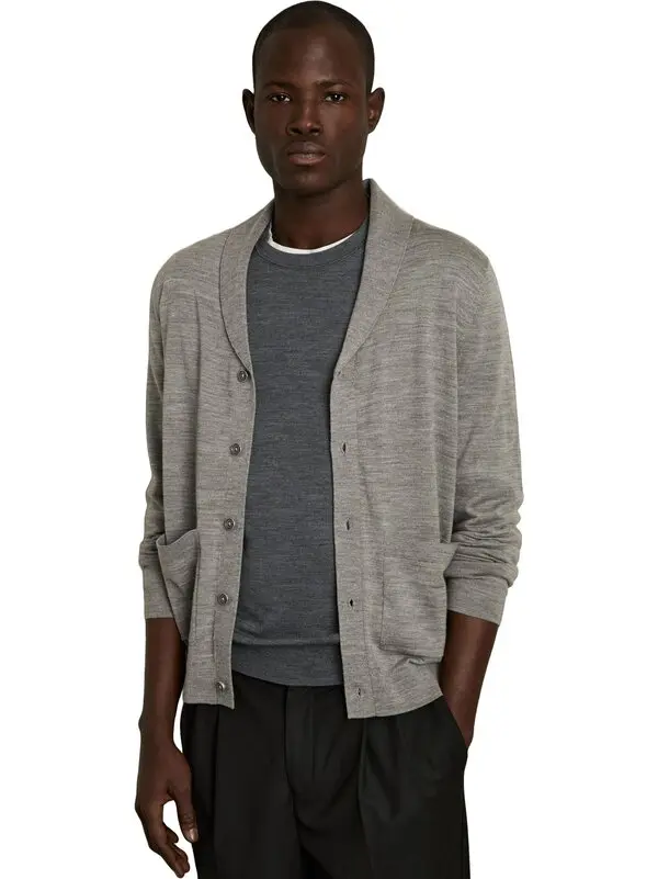 REISS Taunton Merino Wool Cardigan - Warm Grey Melange