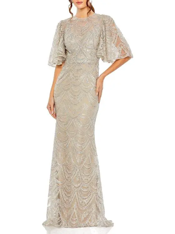 Mac Duggal Flutter Sleeve High Neck Gown - Taupe