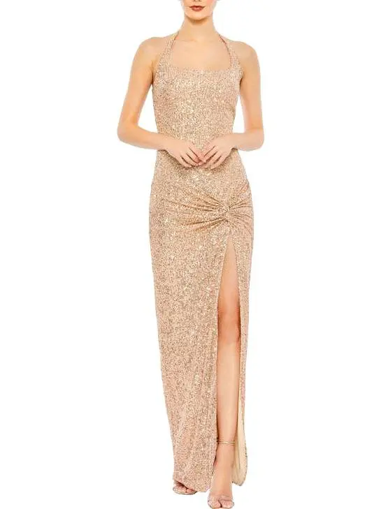 Mac Duggal Square Sequin Halter Gown - Rose Gold