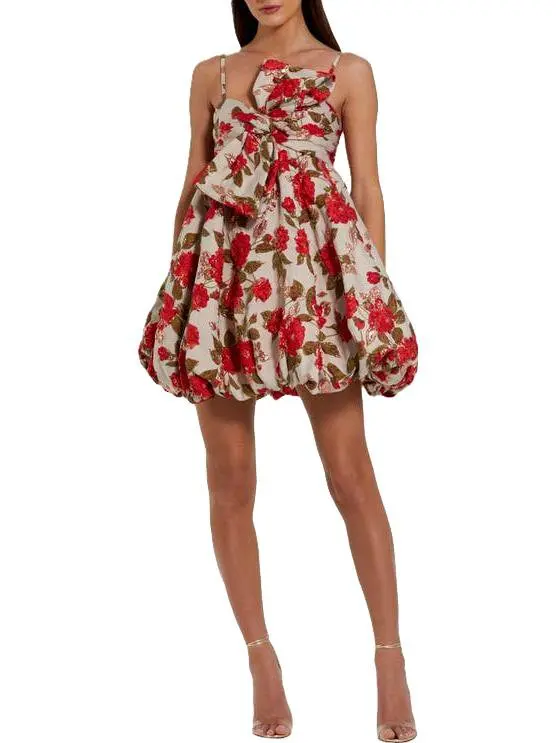 Mac Duggal Brocade Puff Mini Dress With Bow - White Multi