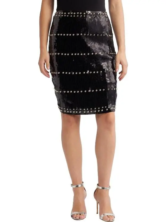 NIKKI LUND Dagny Stud Sequin Pencil Skirt - Black