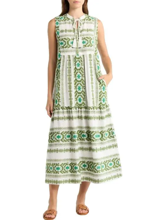 Elan Sleeveless Cotton Midi Dress - White Green
