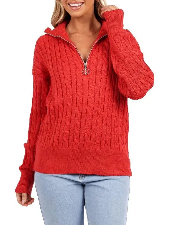 PETAL & PUP Frida Cable Knit Half Zip Sweater - Red