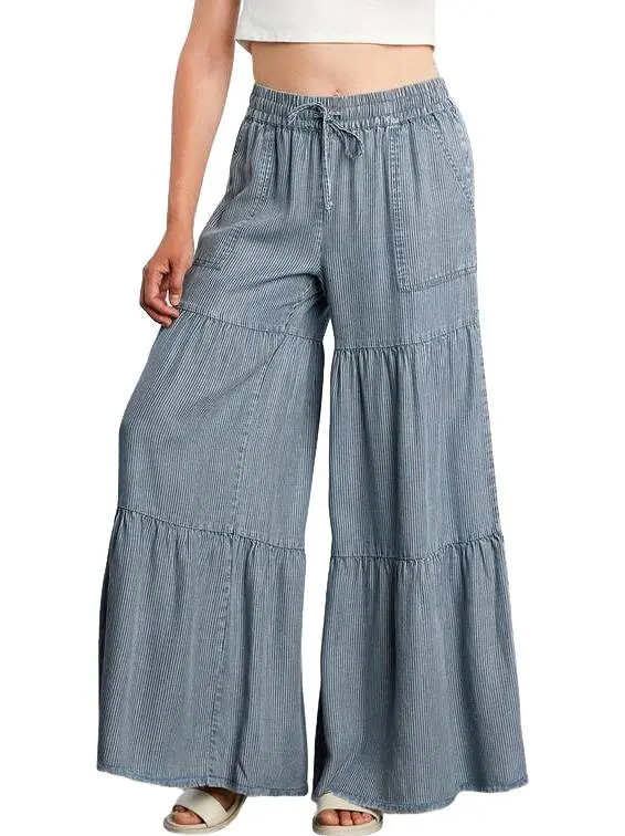 BILLY T Tiered Wide Leg Pants - Railroad Stripe Denim