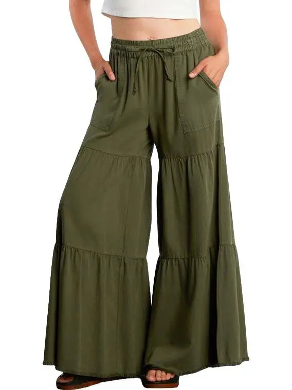 BILLY T Tiered Wide Leg Pants - Soft Olive