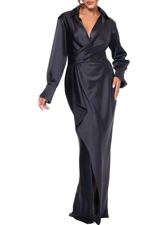 XSCAPE EVENINGS Collar Long Sleeve Satin Gown - Black