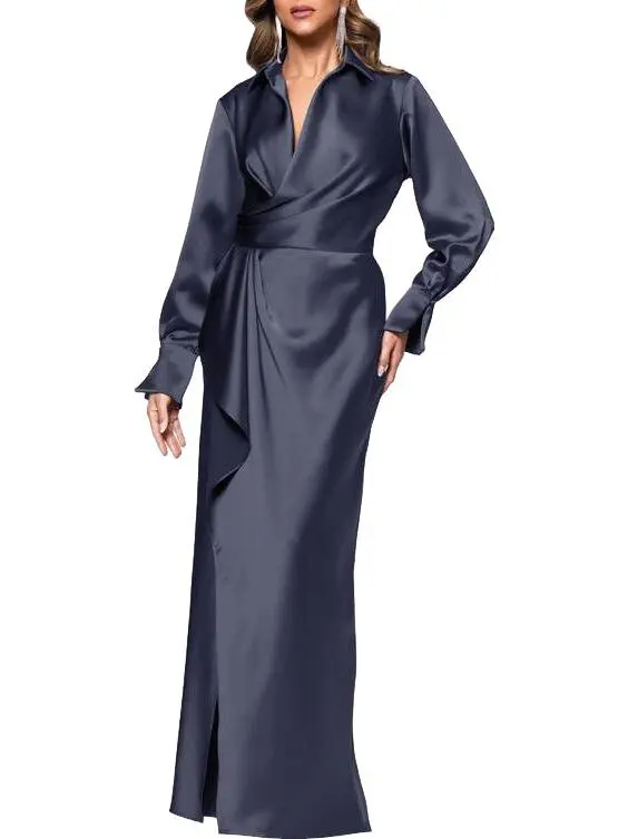 XSCAPE EVENINGS Collar Long Sleeve Satin Gown - Navy
