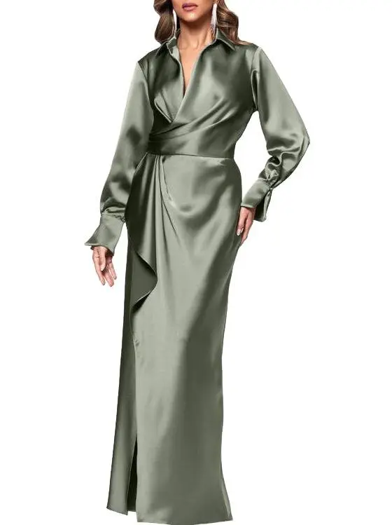 XSCAPE EVENINGS Collar Long Sleeve Satin Gown - Olive