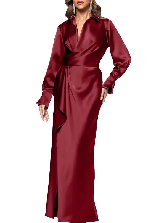 XSCAPE EVENINGS Collar Long Sleeve Satin Gown - Wine