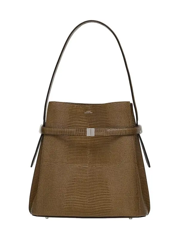 TOTEME Belted Lizard-embossed Leather Bucket Bag - Dark Olive 244