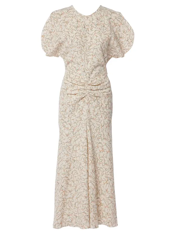 Victoria Beckham Floral Gathered Midi Dress - Beige